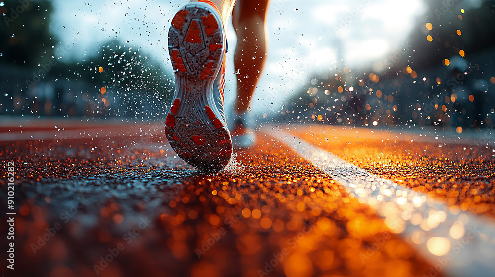 Photorealistic runner breaking finish line tape, with blurred track ...