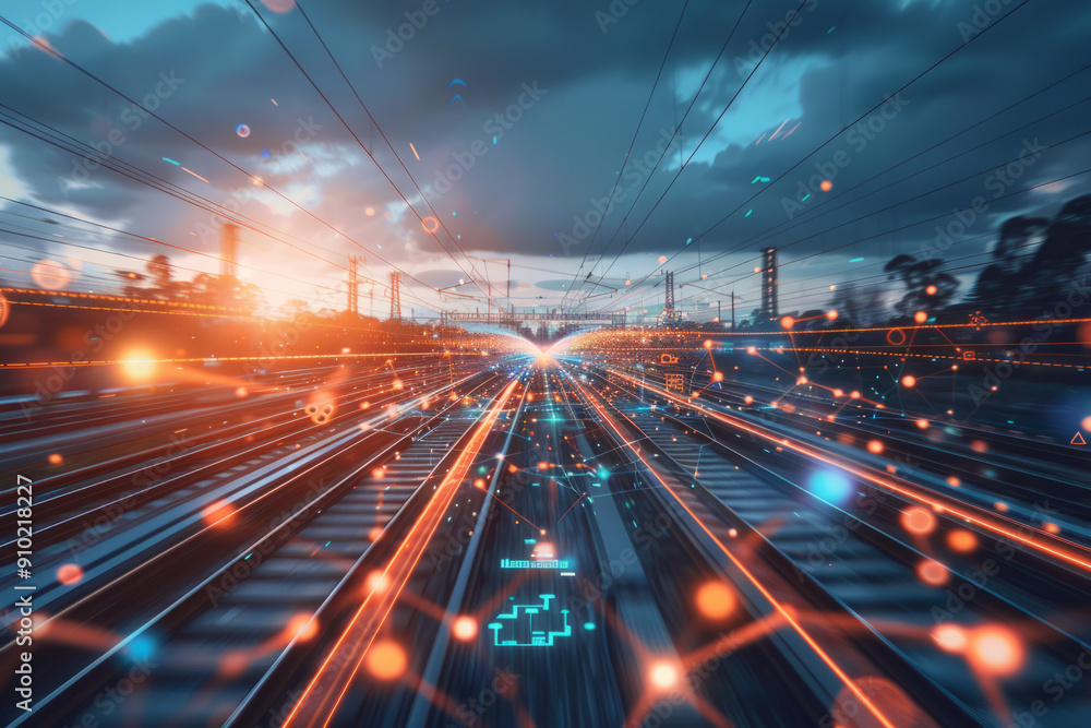 Light trails of railway with fast moving train and digital lines ...