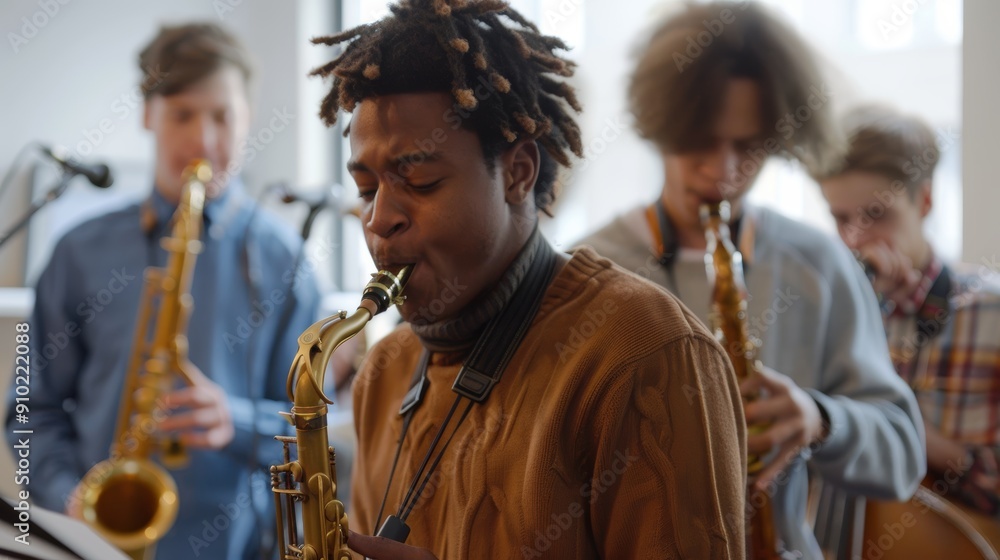 Students Practicing Jazz Improvisation in Music School Class with ...