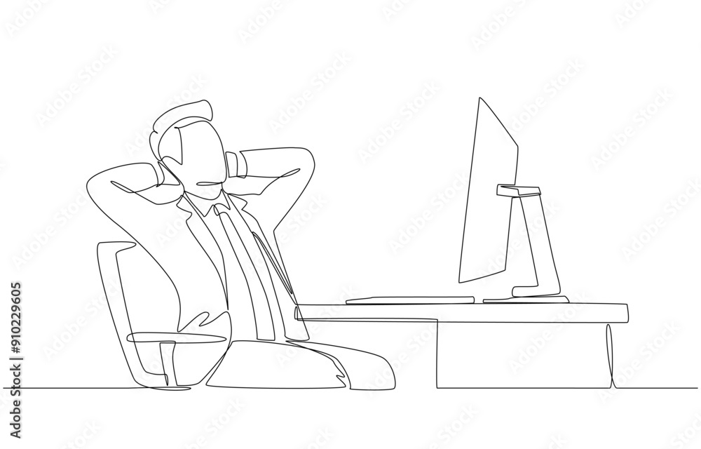 Continuous one line drawing of relaxed businessman sitting in front of ...