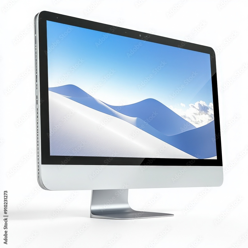 A sleek computer monitor displaying a serene landscape, blending modern ...