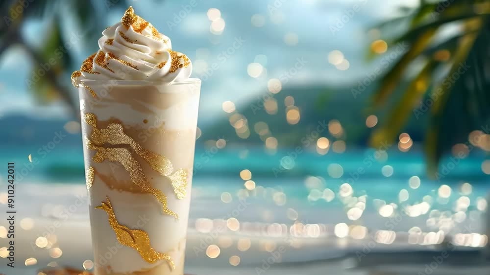 Glass of milkshake drink with coconut syrup and vanilla ice cream on ...