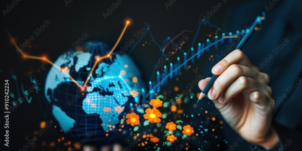 A businesswoman drawing an upward trending graph with blue and orange ...