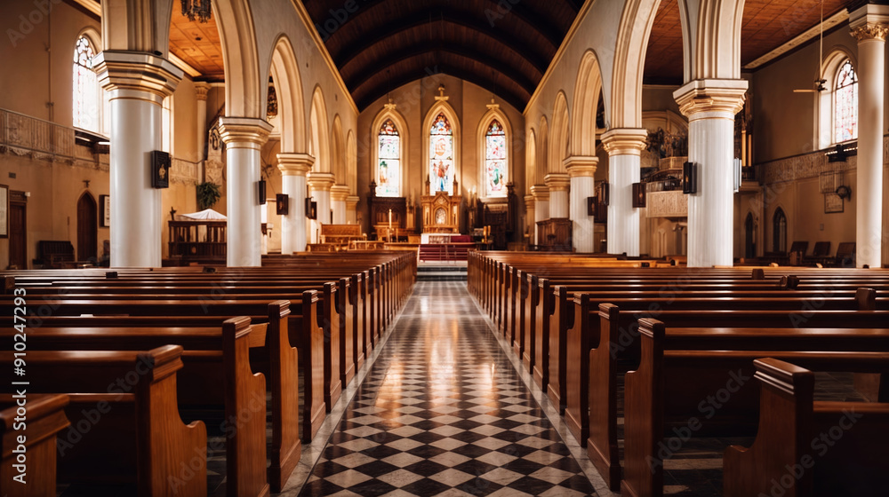 Interior of a Catholic church, empty pews leading to ornate altar with ...
