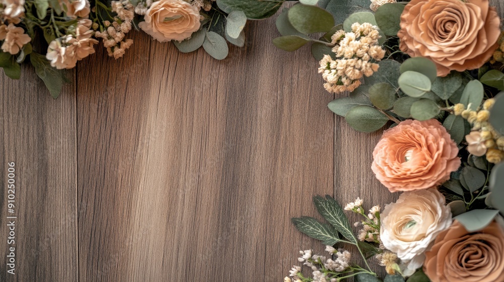 Rustic wedding invitation design with wood texture and minimal floral ...