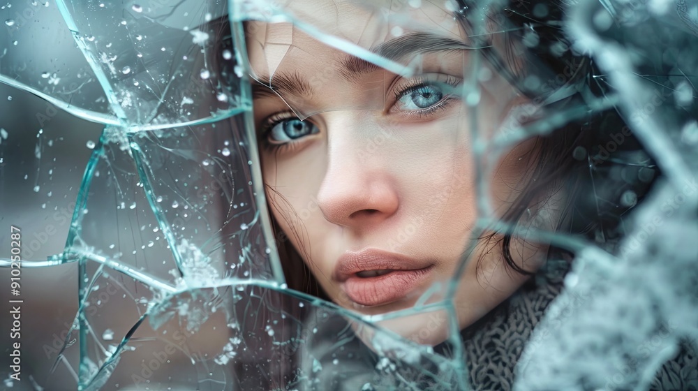 A woman's face is reflected in a broken mirror. The concept of ...