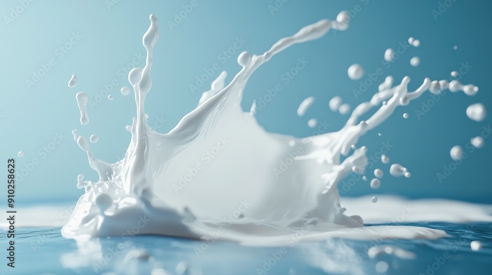 Artistic capture of a milk splash against a blue background, featuring ...