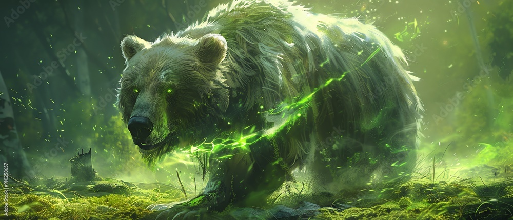 Epic fantasy art, colossal bear with green glowing runes and green ...