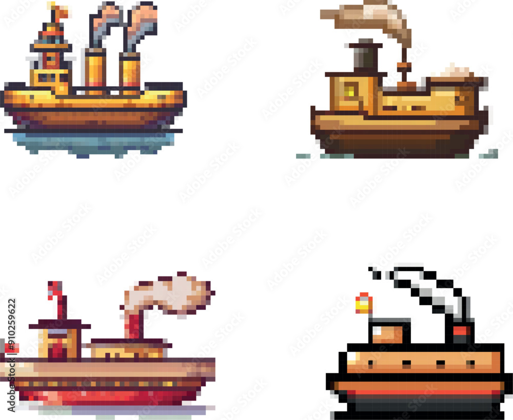 8-bit game assets vector, ship, truck, transport, construction, tractor ...