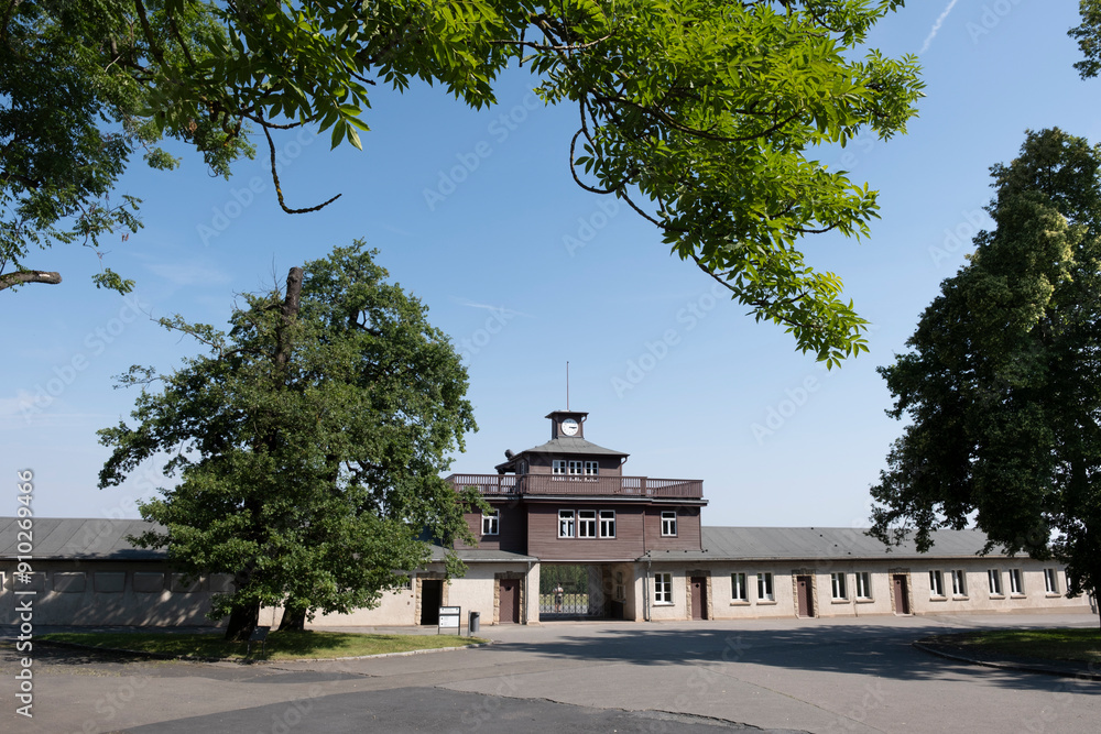 Buchenwald concentration camp entrance gate building. 3:15 p.m. was the ...