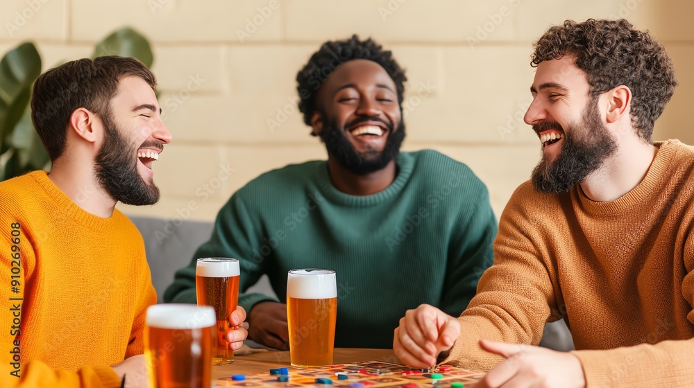 Three friends share laughter and drinks while playing a board game ...