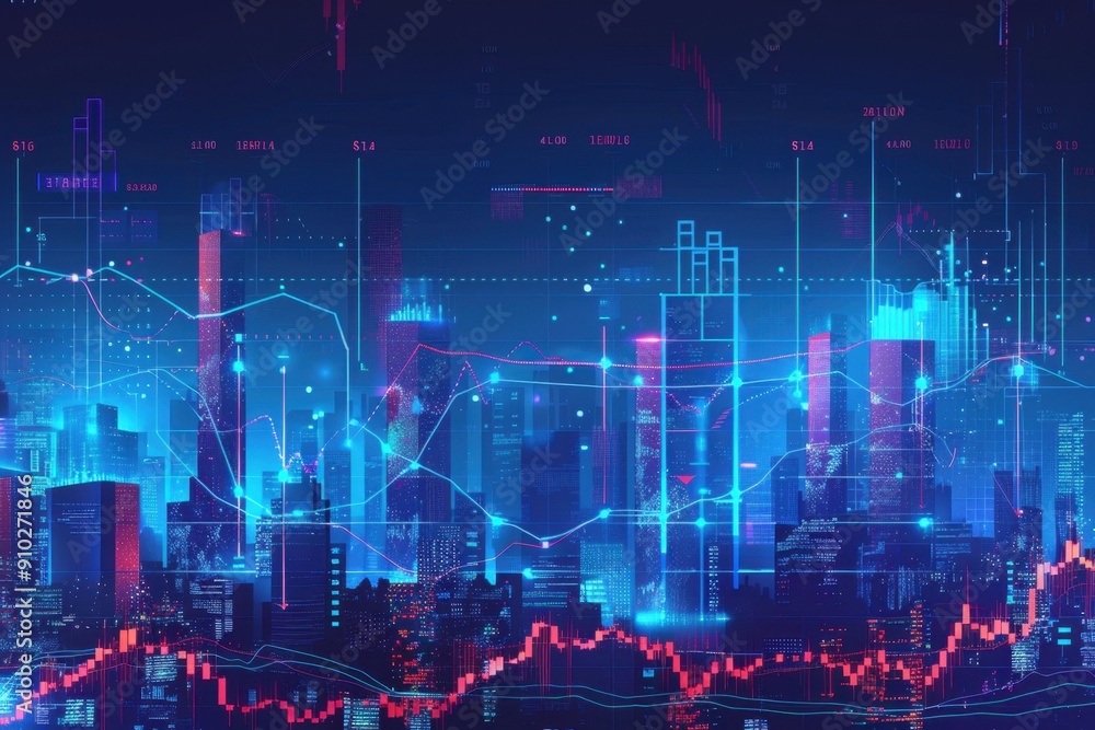 financial charts and graphs with holographic images floating above the ...