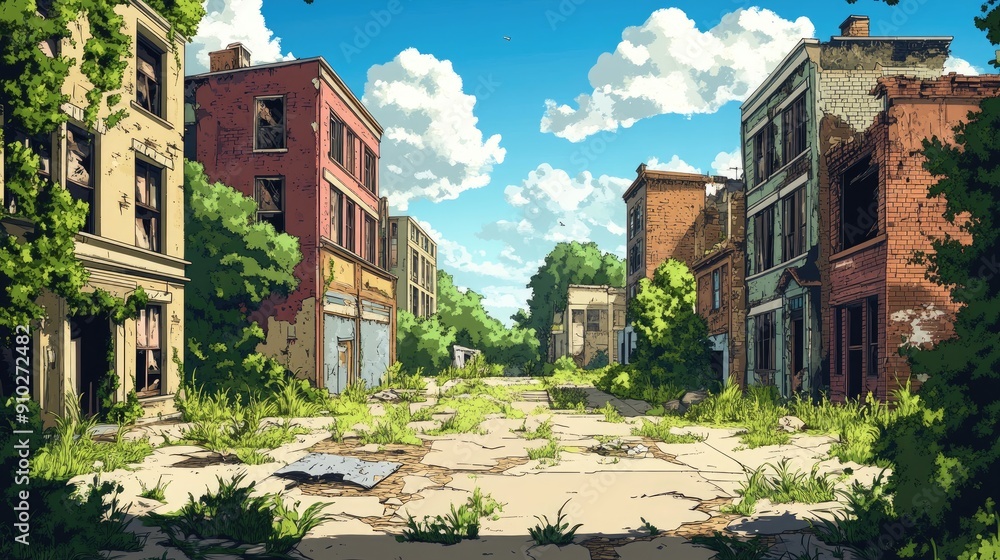 Cartoon illustration of an abandoned city, with crumbling buildings and ...