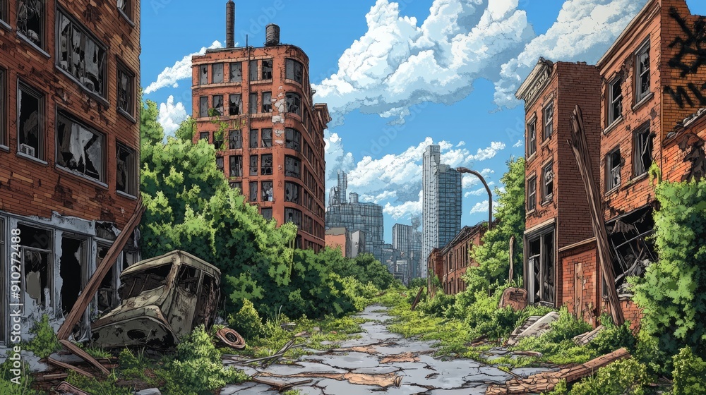 Cartoon illustration of an abandoned city, with crumbling buildings and ...