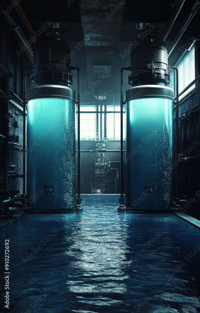 Industrial scene featuring two large tanks filled with blue liquid ...