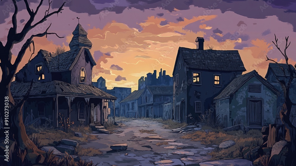 Cartoon illustration of an abandoned town, with dilapidated buildings ...