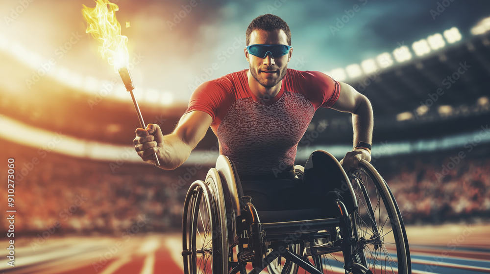 Paralympic athlete in sports wheelchair carrying torch, facing forward ...
