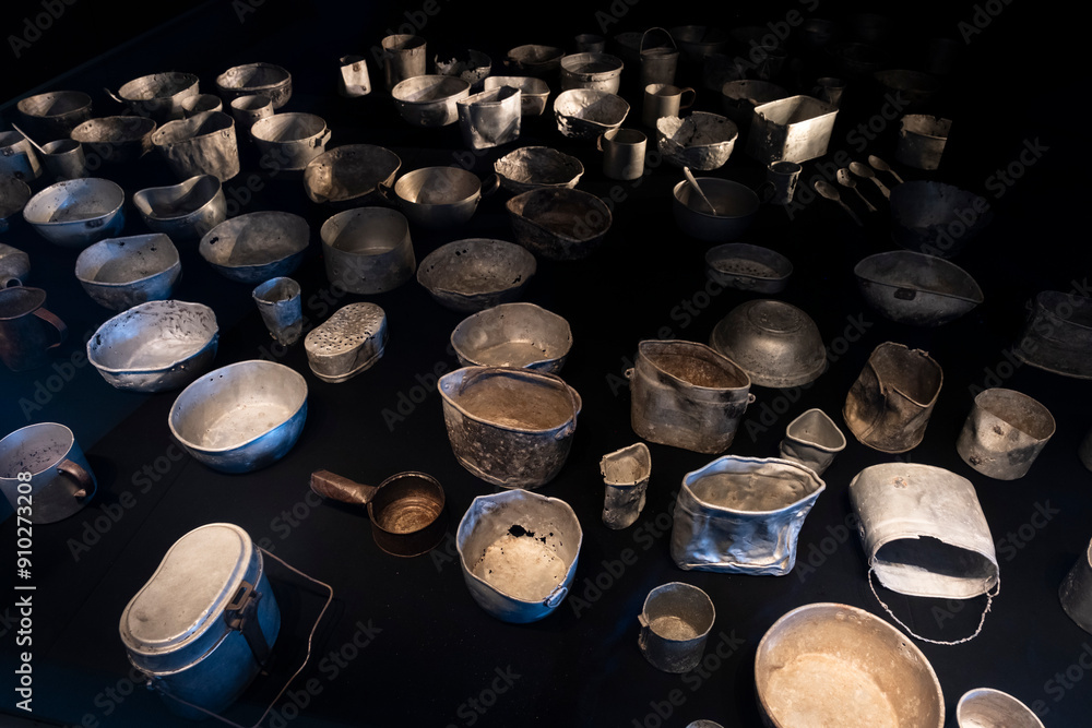 Prisoners' tableware in a display case of the new permanent exhibition ...