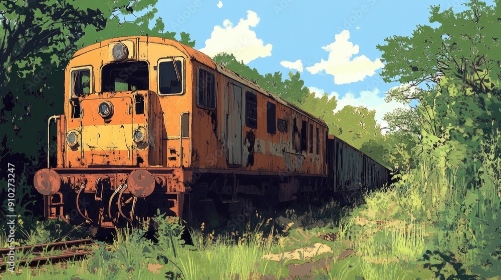 Cartoon illustration of an abandoned train, with a derelict locomotive ...