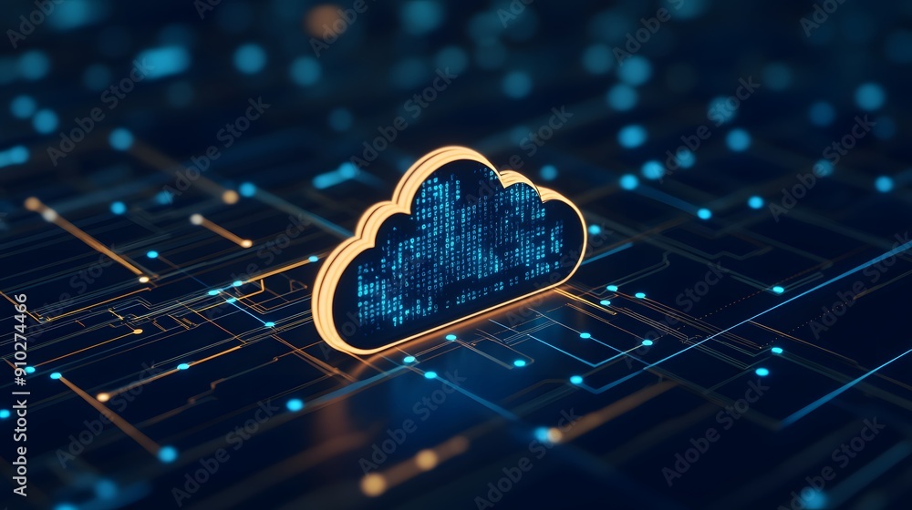 Digital cloud computing concept with data icons on a futuristic network ...