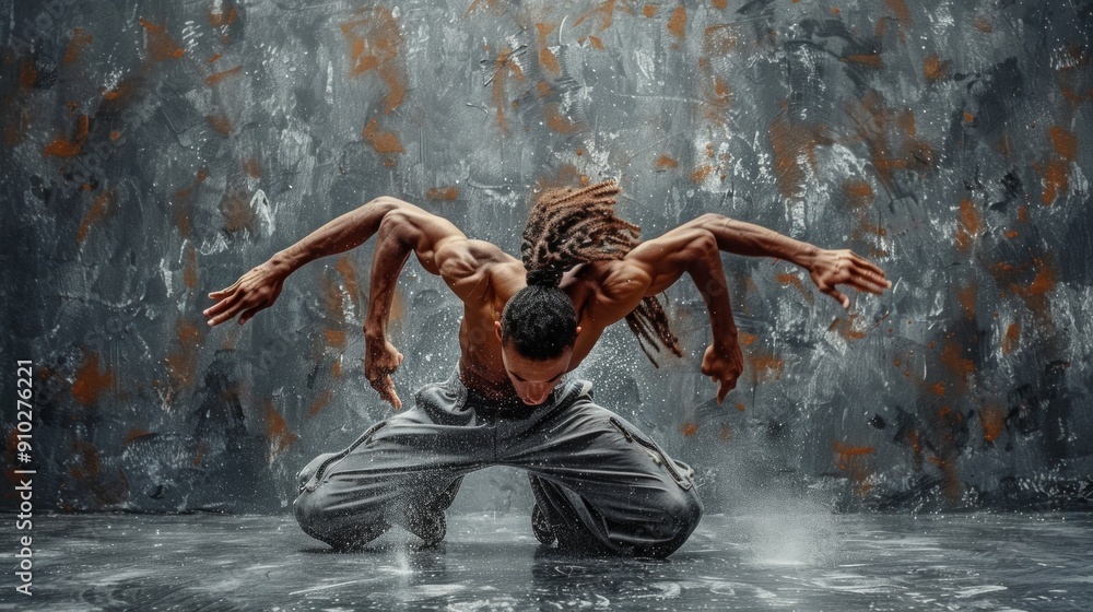 Indoor scene with a man in dreadlocks dancing energetically on a ...