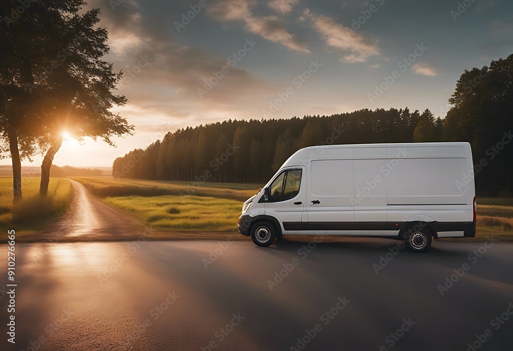 delivery white driving farm van road sunset asphalt rural fields ...