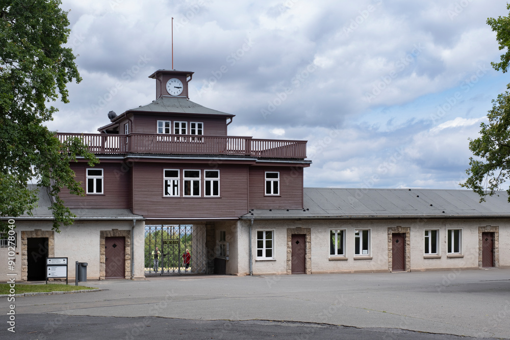 Buchenwald concentration camp entrance gate building. 3:15 p.m. was the ...