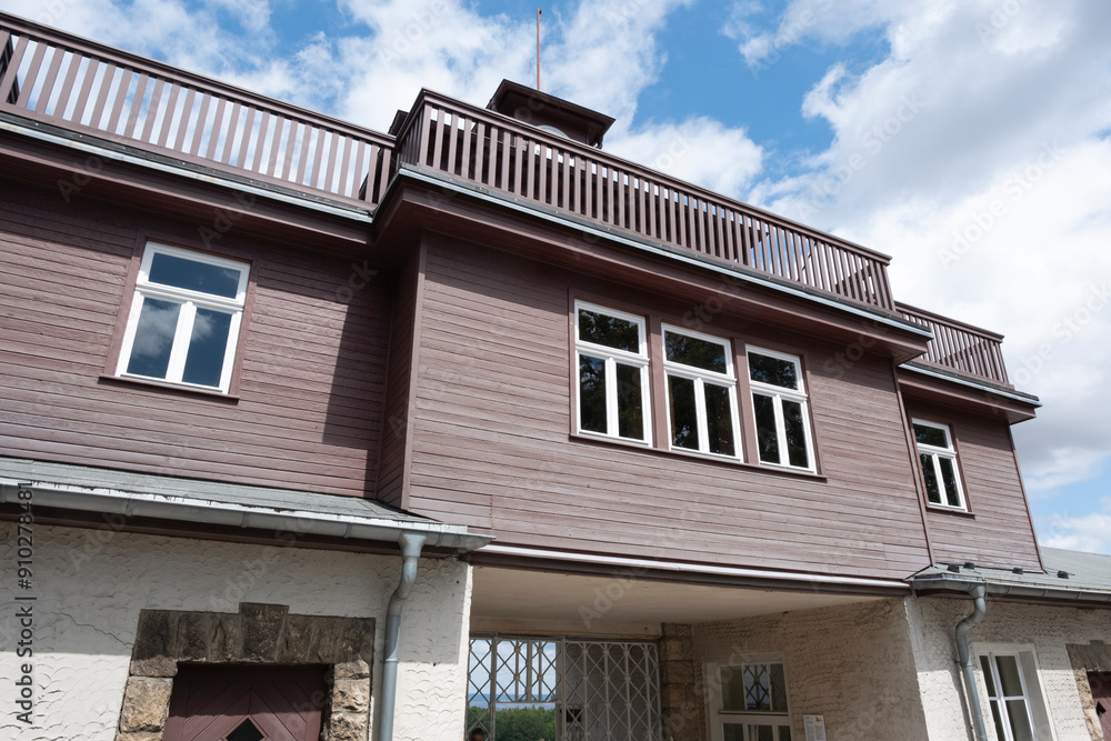Facade of the Buchenwald concentration camp entrance gate house with ...