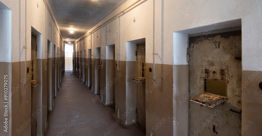 Interior view of detention cell building, or "Bunker" at concentration ...