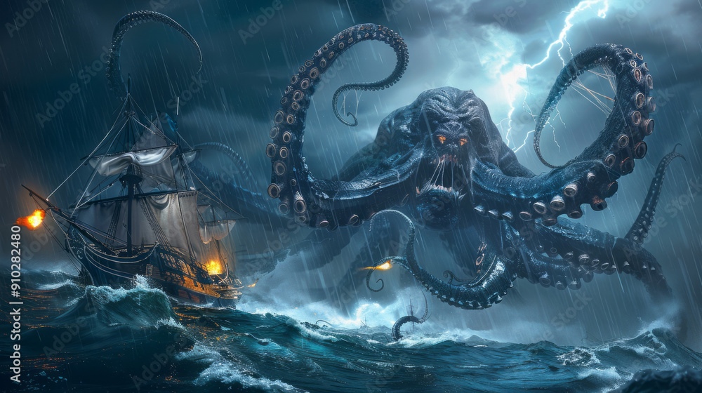 Kraken attacks ship in stormy sea. A fearsome kraken emerges from the stormy sea, attacking a ...