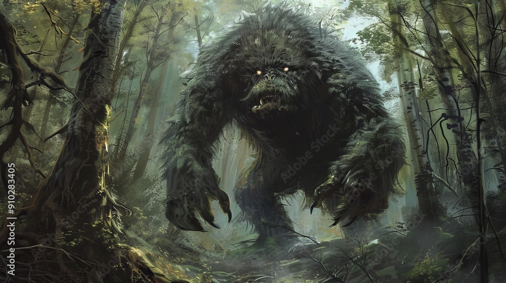 Monster lurking in the woods. A terrifying monster lurks in the dense ...