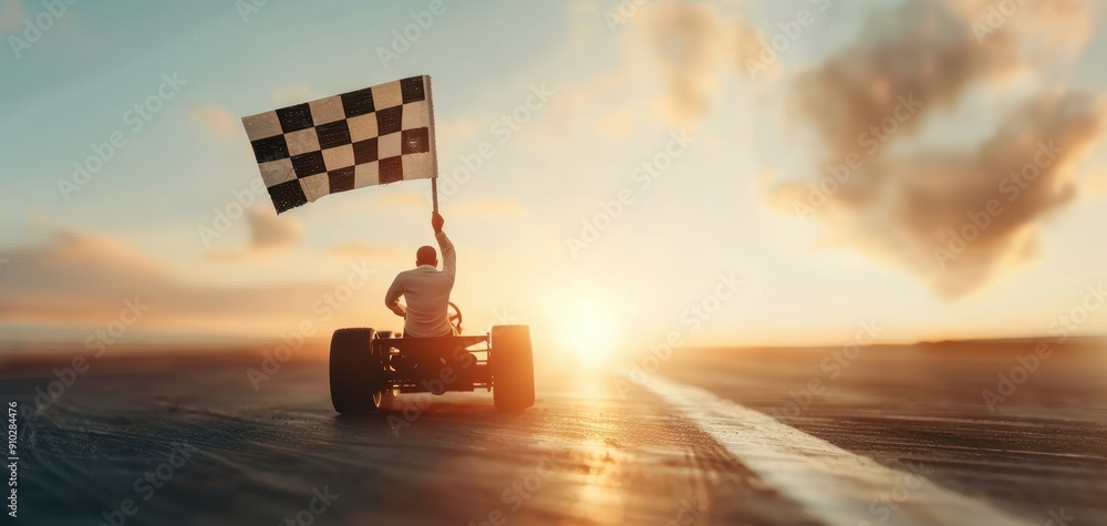 Sunset victory: driver raising checkered flag on track, symbolizing ...