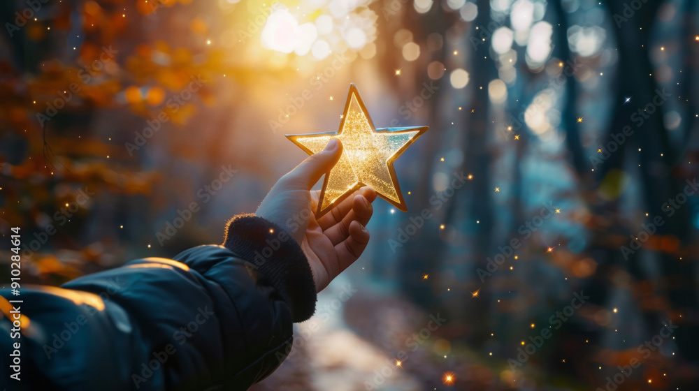 Shining star in hand. Person holds a luminous star in their hand ...