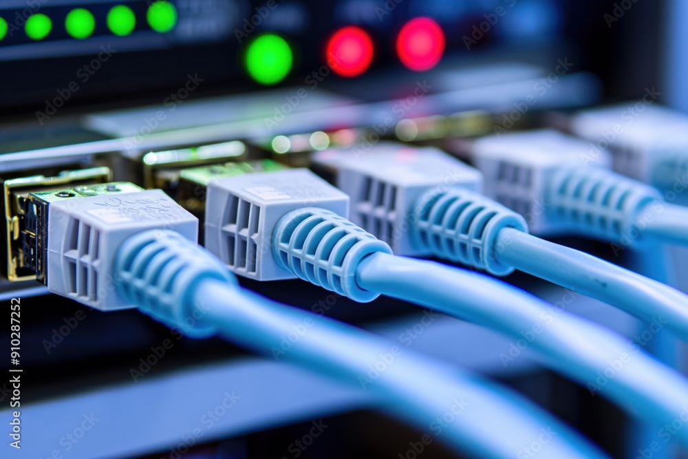 Network cables connected to switch. Cables of different lengths and ...