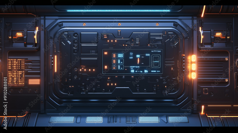 A highly detailed futuristic control panel with an illuminated ...