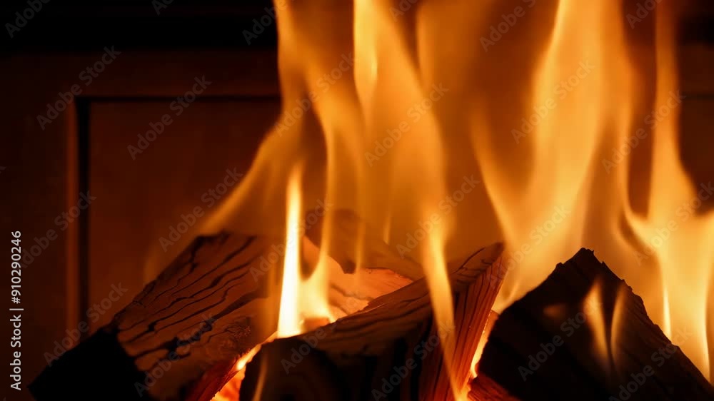 Animation of burning firewood in firebox of fireplace in country ...