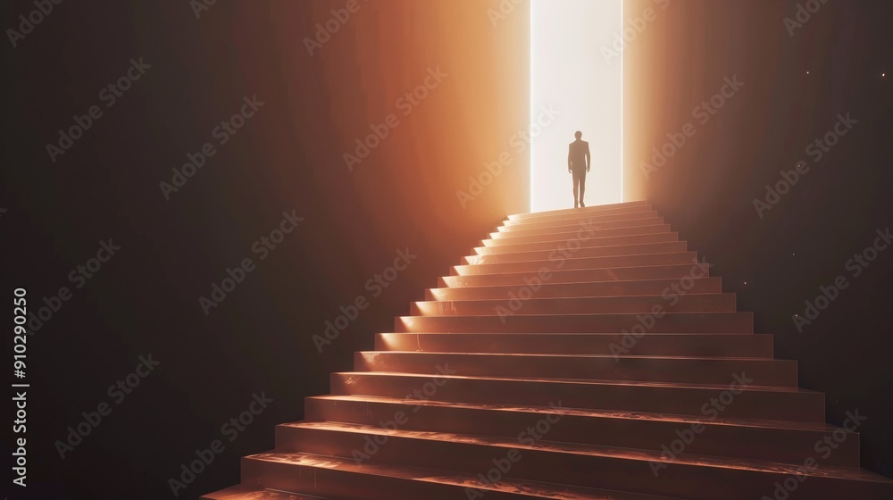 Person ascending steps towards light. A solitary figure walks up a ...