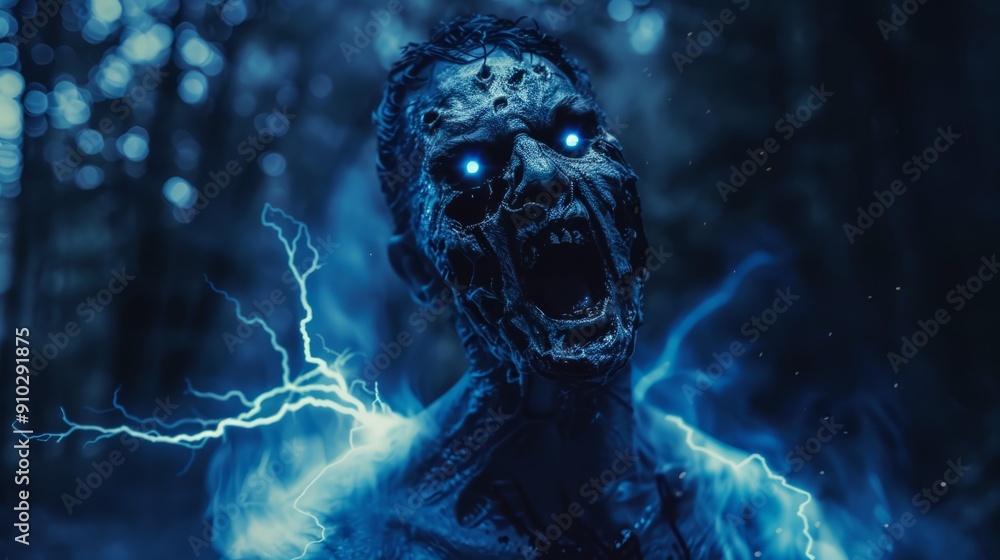 Frightening undead monster with blue lightning. A terrifying undead ...