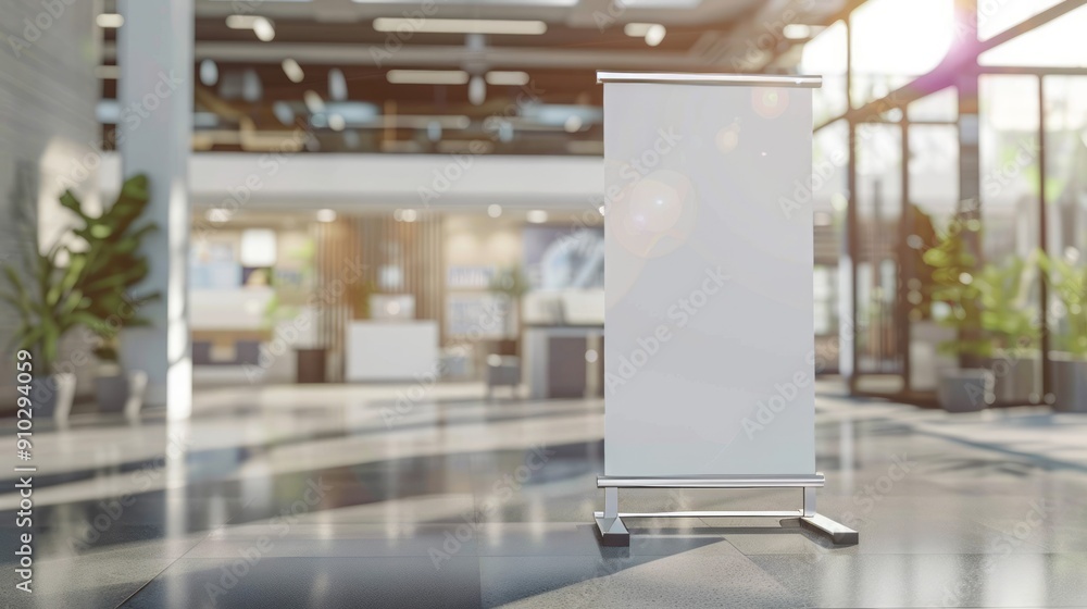 Blank retractable banner stand in lobby. A white, blank retractable ...