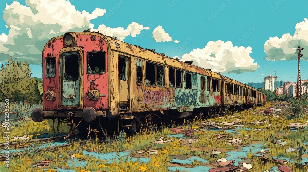 Hand-drawn cartoon scene of an abandoned train, featuring detailed ...