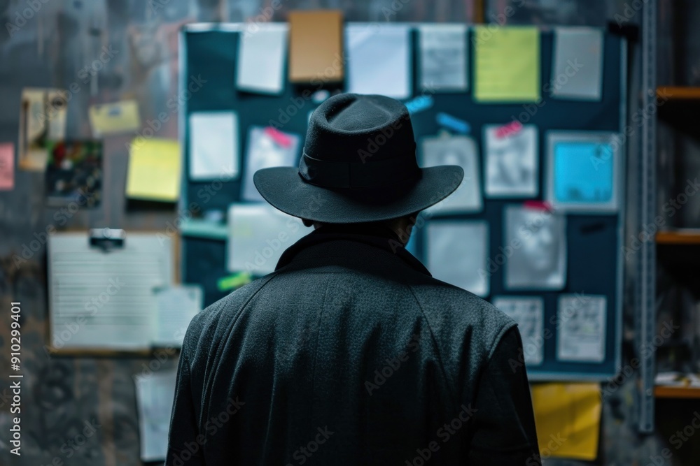 The back of the senior detective stands beside the evidence board and ...