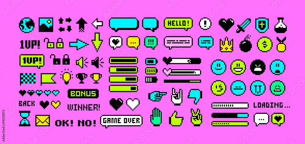 8-bit Game pixel icons set in 80s - 90s style. Perfect pixel icons of ...