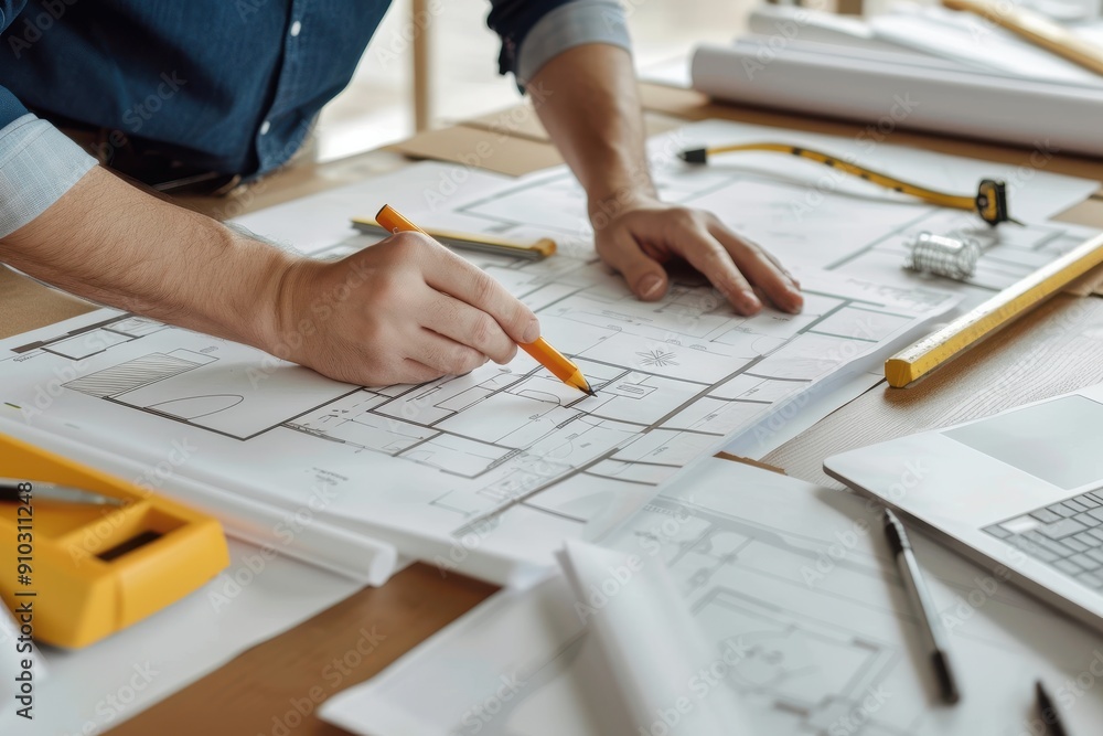 Architect, hands and planning on blueprint for construction or ...