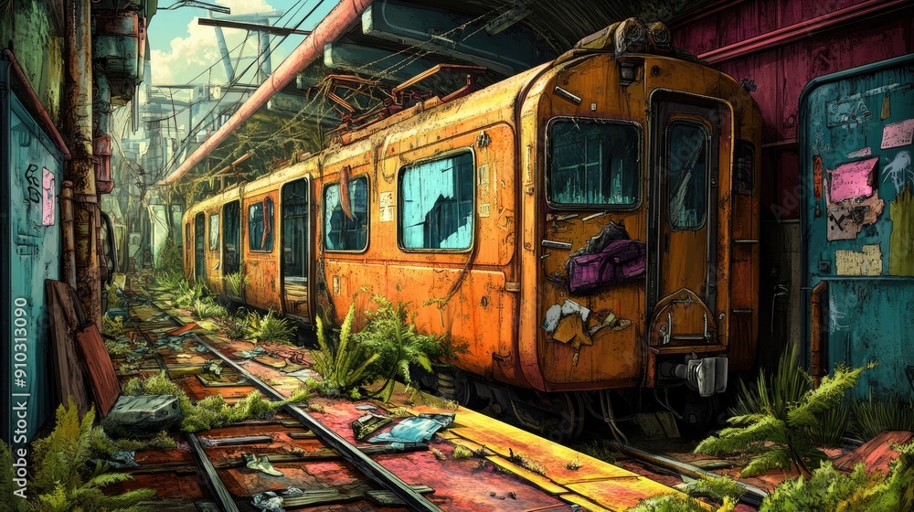 Whimsical cartoon background of an abandoned train, with intricate ...
