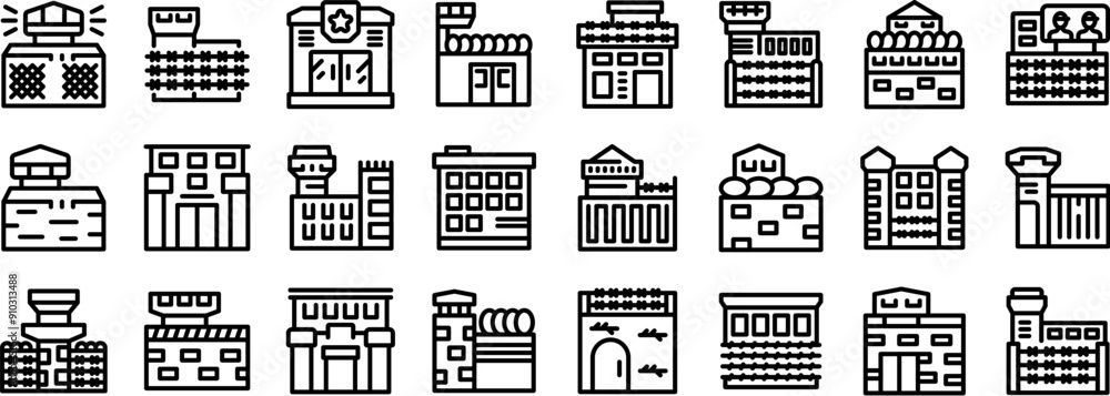 Prison building icons set. Prison building exterior facade line icons ...