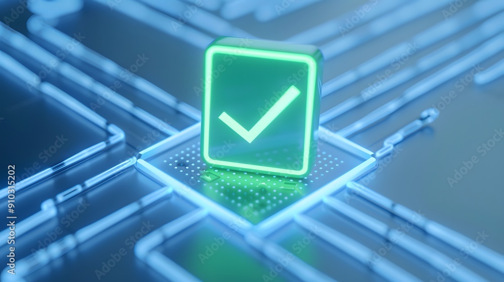 Glowing green check mark on futuristic circuit board, symbolizing ...