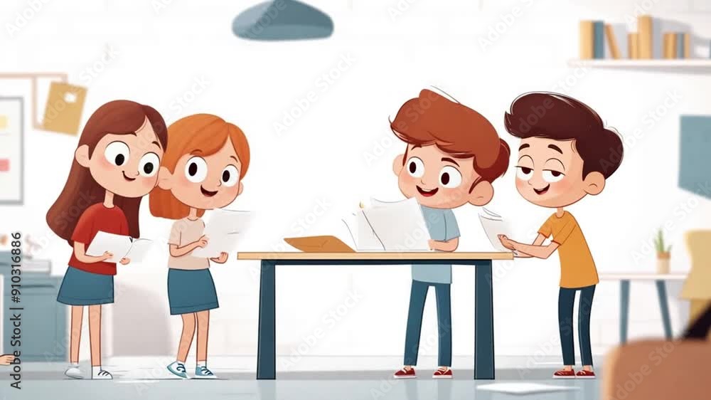 Happy Team Brainstorming: Children collaborating around a table in a ...