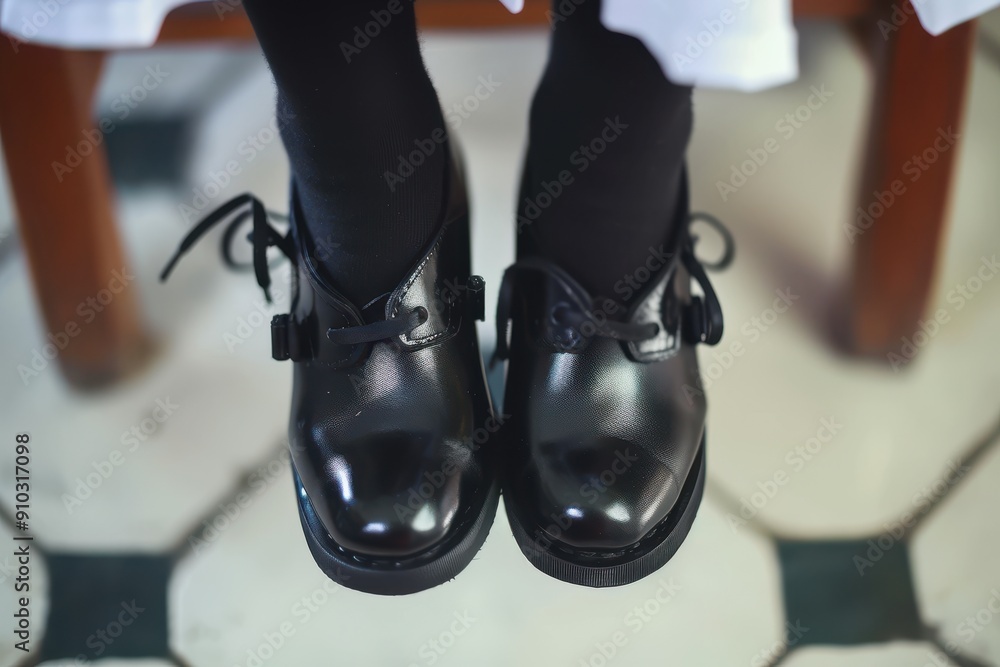 Close up shiny neat girls school shoes, feet crossed under chair back ...