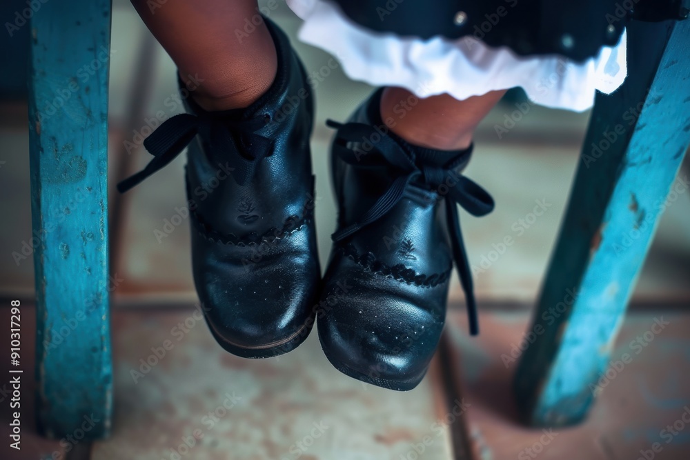 Close up shiny neat girls school shoes, feet crossed under chair back ...
