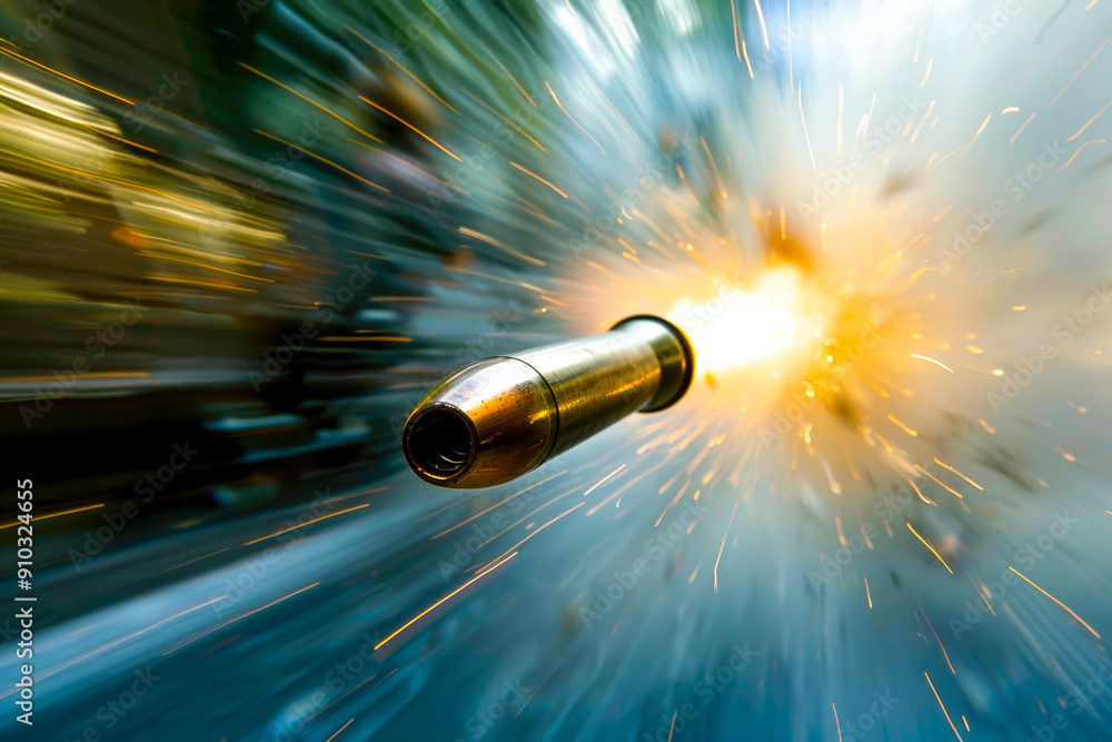 A high-speed photograph capturing a fired bullet in stopped motion ...